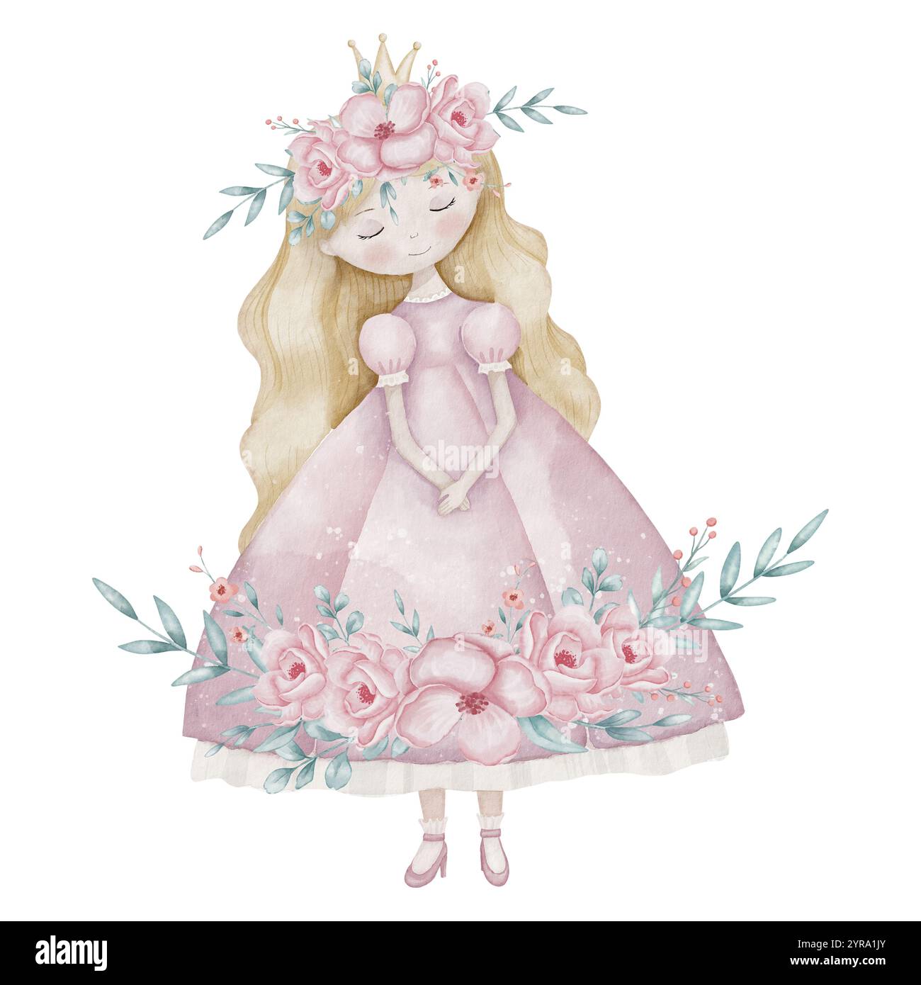 Watercolor Princess with flowers in a pink dress. Drawing of cute young ...