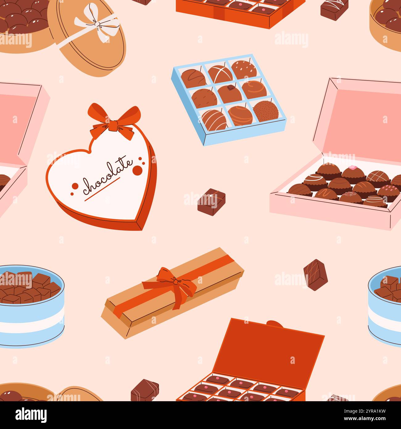 Chocolate candies in gift boxes. Seamless pattern with different sweet ...