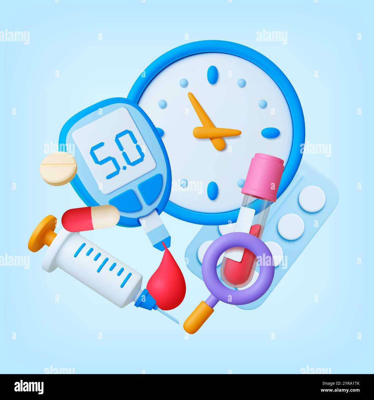 Diabetes control test 3d concept. Pills glucometer syringe, blood drop ...