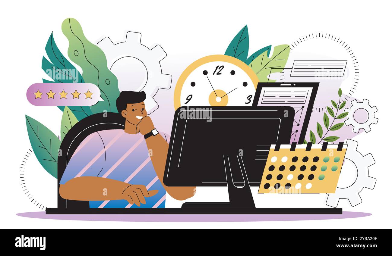 Time management concept. Man sitting at computer near clock. Organizing ...