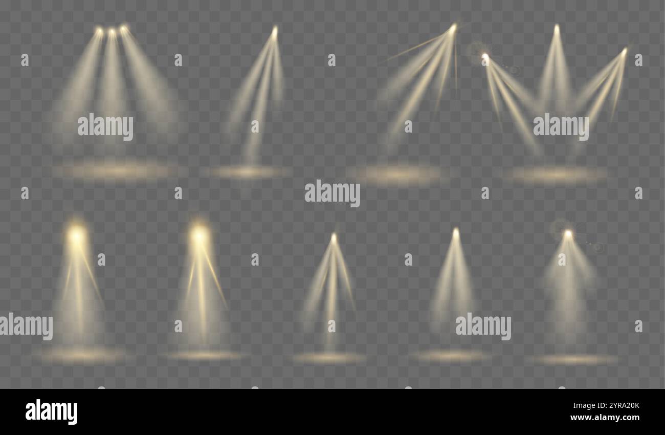 Set of light studio lighting. Pack of ray of lights. Illumination and ...