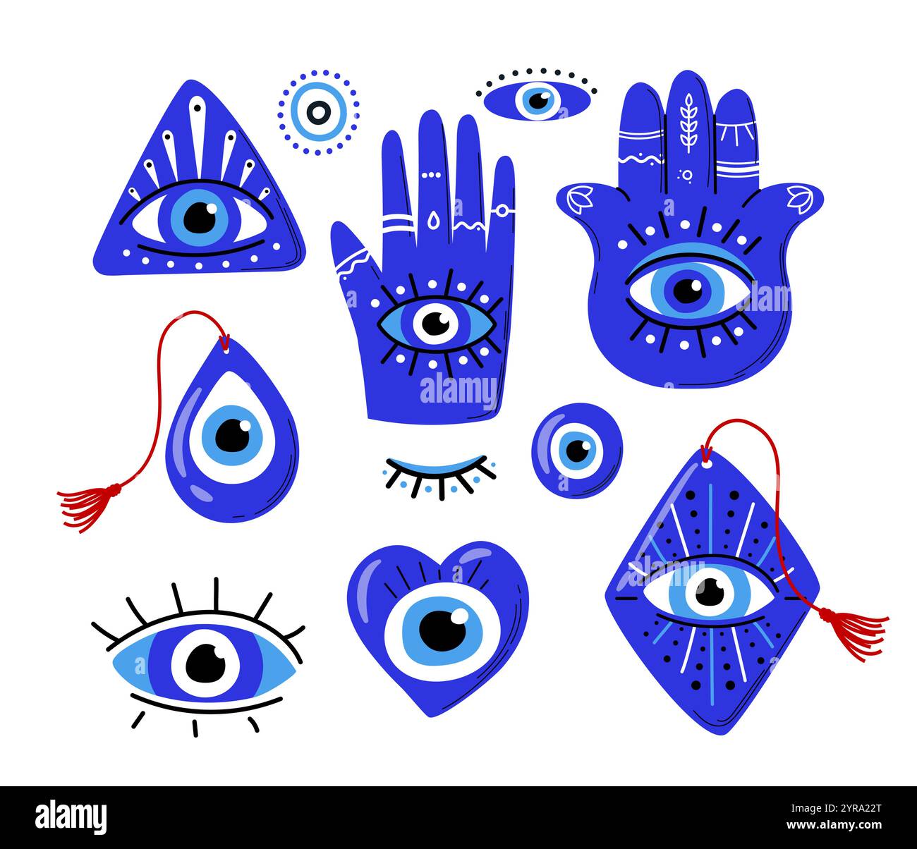 Turkish evil eyes set. Hands, triangles and hearts with eyes ...