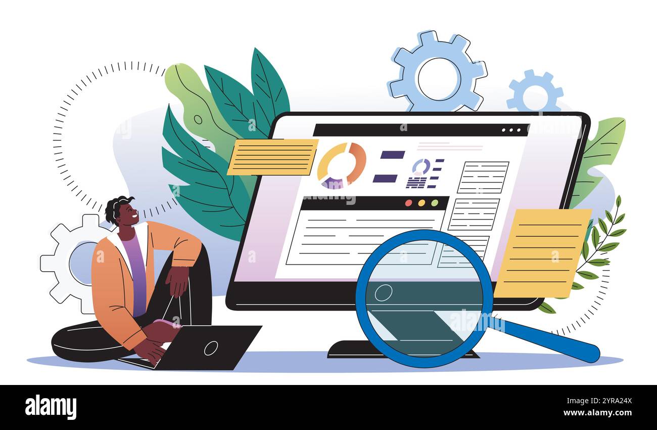 SEO benchmarking concept. Man sitting near computer with magnifying ...