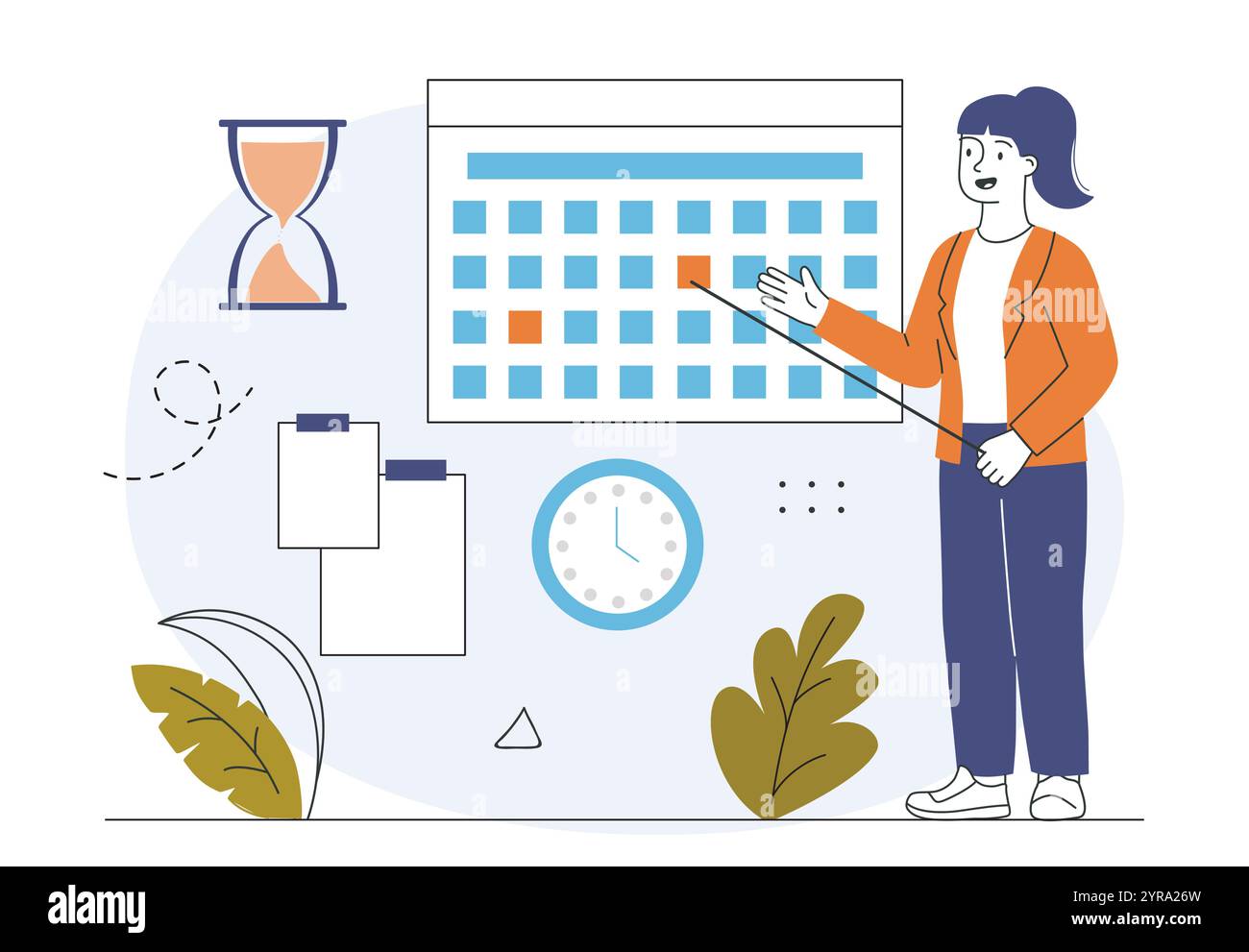 Woman with time management. Young girl near calendar and hourglasses ...