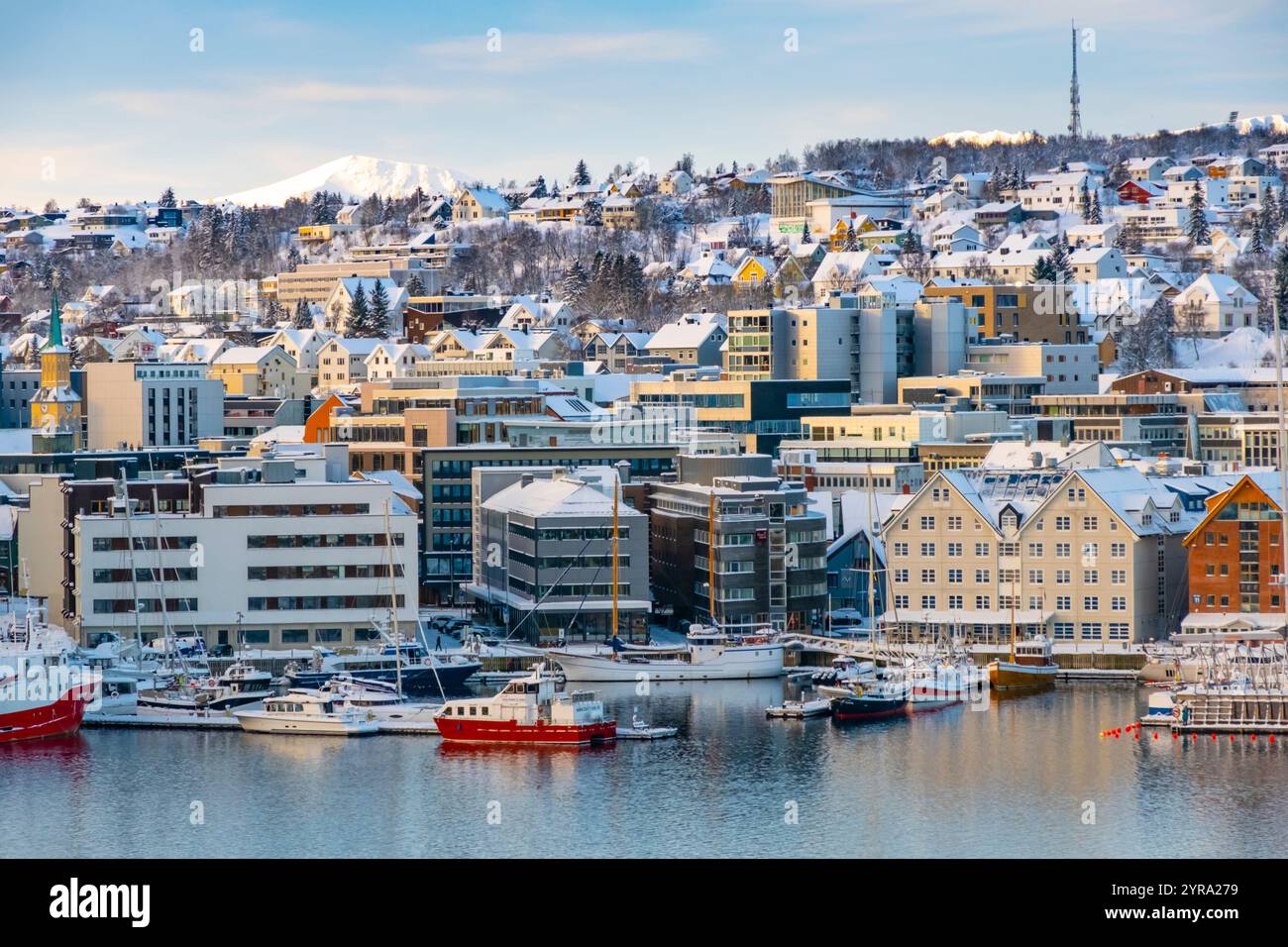 Tromso harbor with houses, fjord, cruise ships and downtown on sunny ...