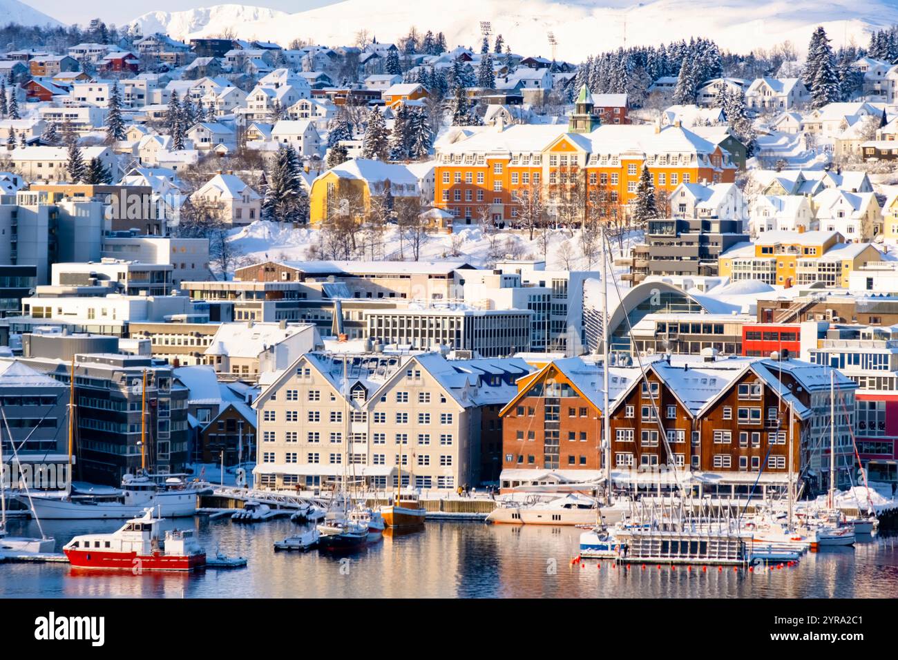 Tromso harbor with houses, fjord, cruise ships and downtown on sunny ...