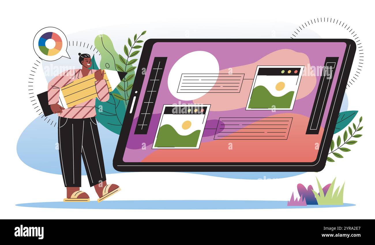 UX UI designer concept. Man with large pencil near computer monitor ...