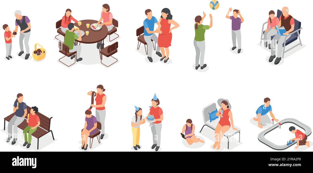 Isometric family. Parents with kids, children play with mother father ...