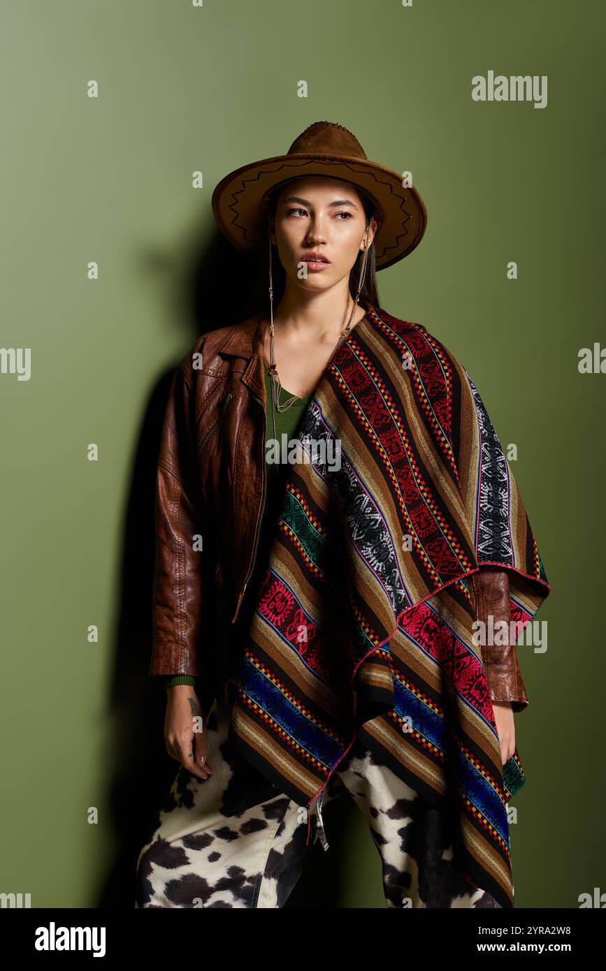 Brunette woman showcases her fashion sense with unique attire while ...