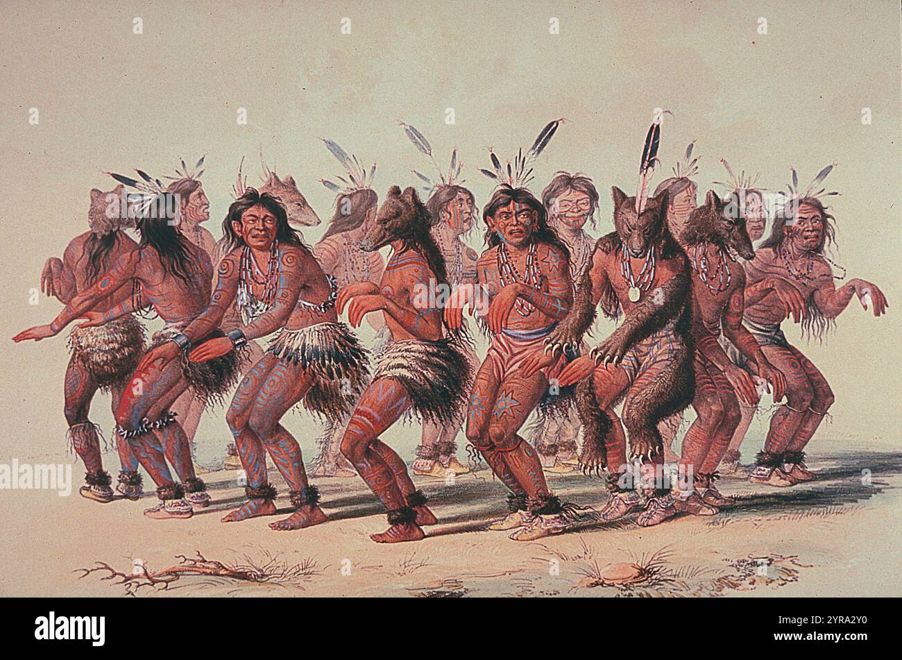 First Nation Bison Dance/ Lithograph by George Catlin 1844. Vintage North American Indigenous ...