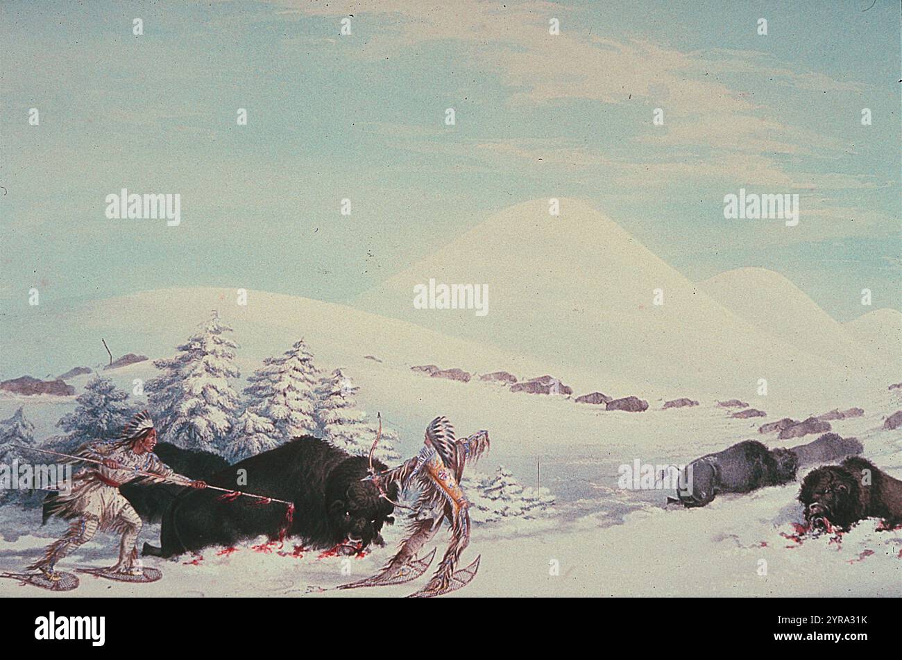 First Nation hunting: Bison hunting on snowshoes/ Lithograph by George ...