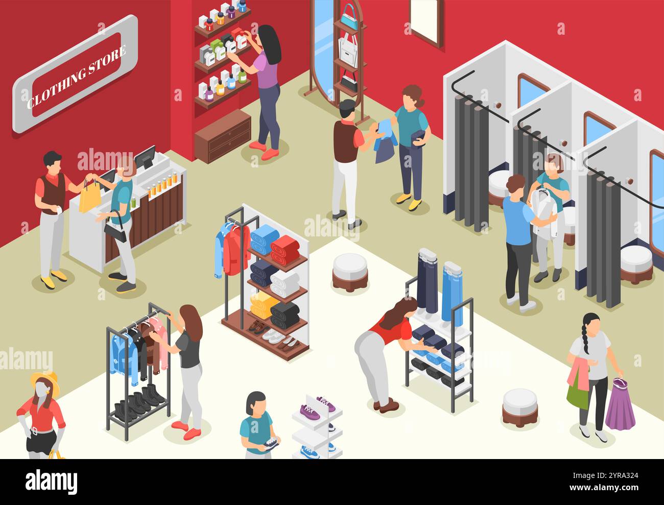 Isometric fashion shopping. Clients in clothing store choose new ...