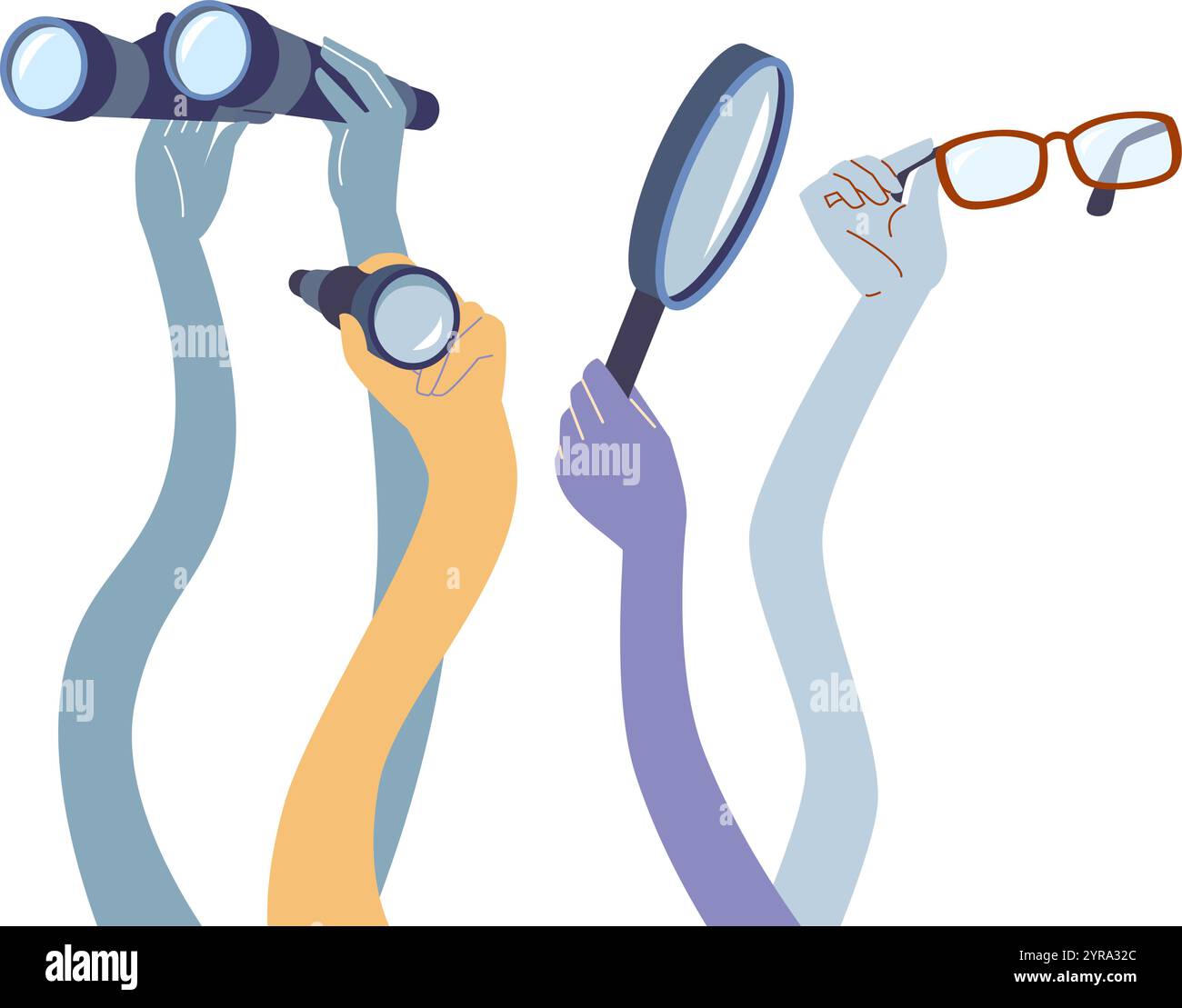 Elastic cartoon hands. Flexible hand looking around, hold eyeglasses ...