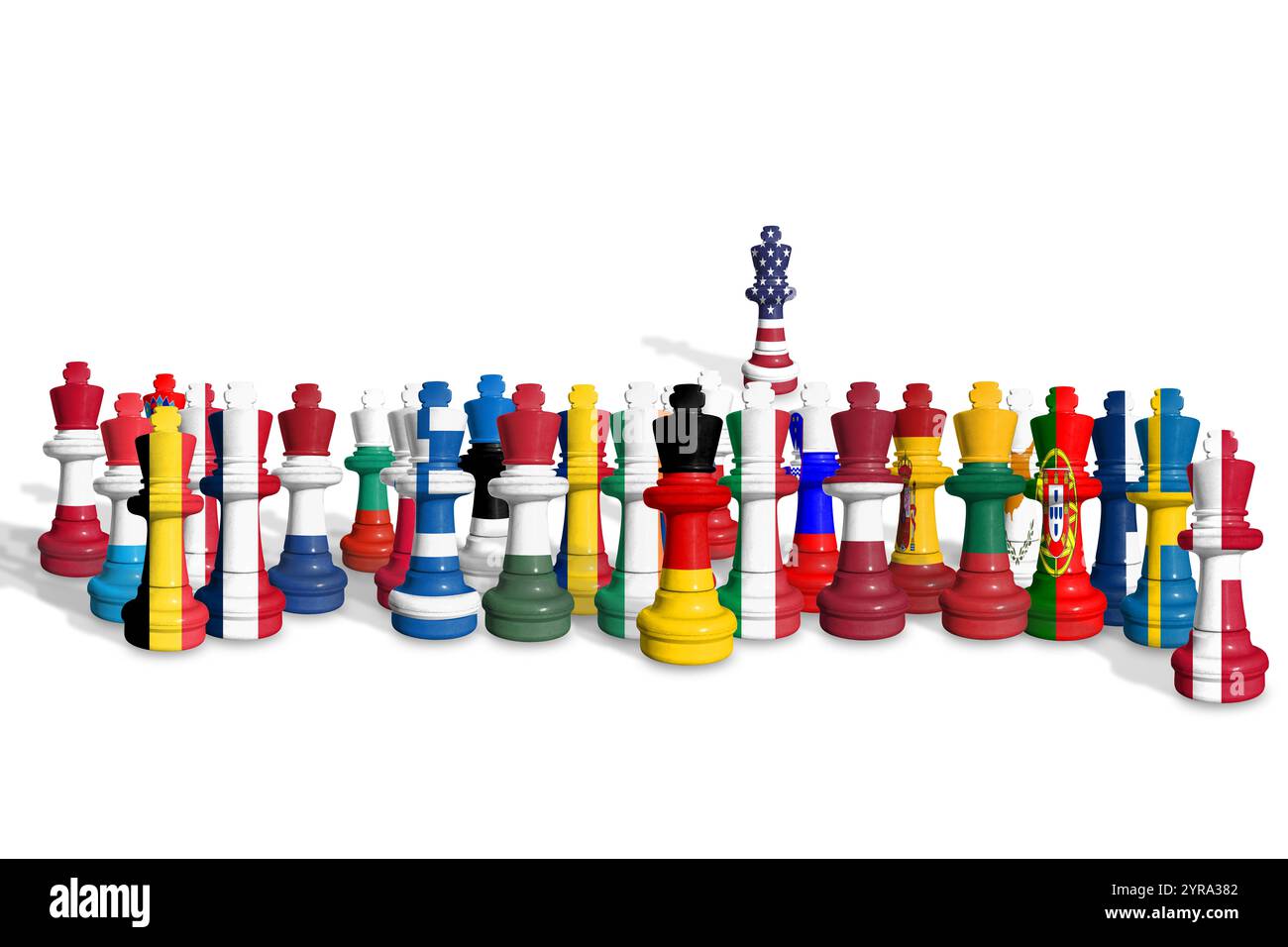 Chess made from EU members and USA flags isolated on a white background ...