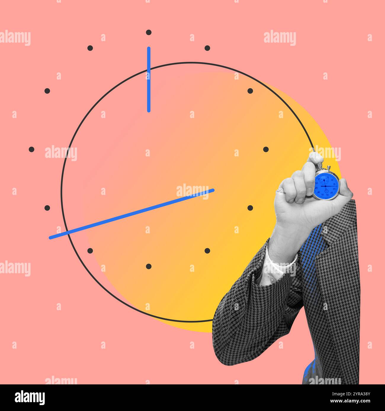 Hand holding stopwatch in front of distorted clock face, representing ...