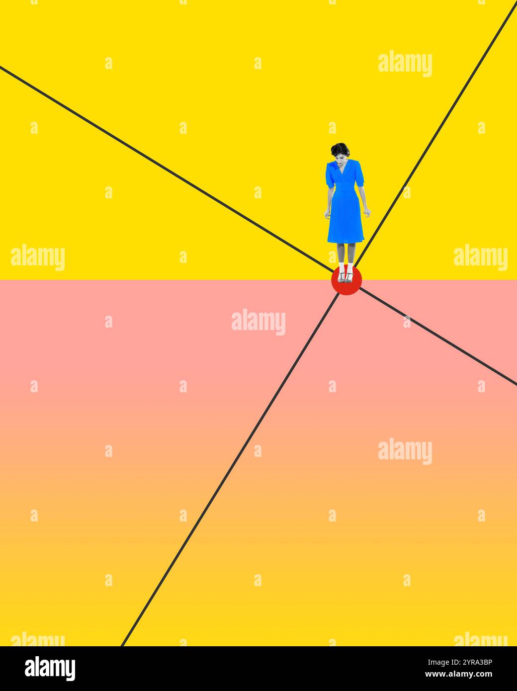 Woman standing on red dot at intersection of bold black lines ...