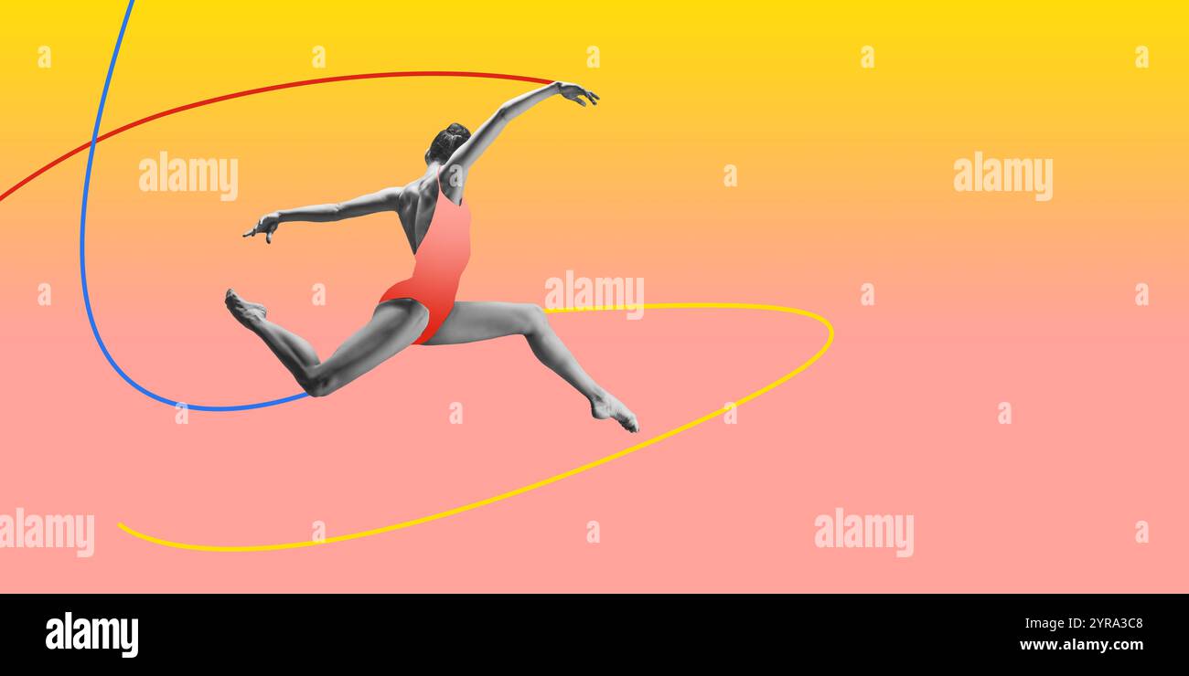 Female dancer mid-jump with colorful lines representing movement and ...