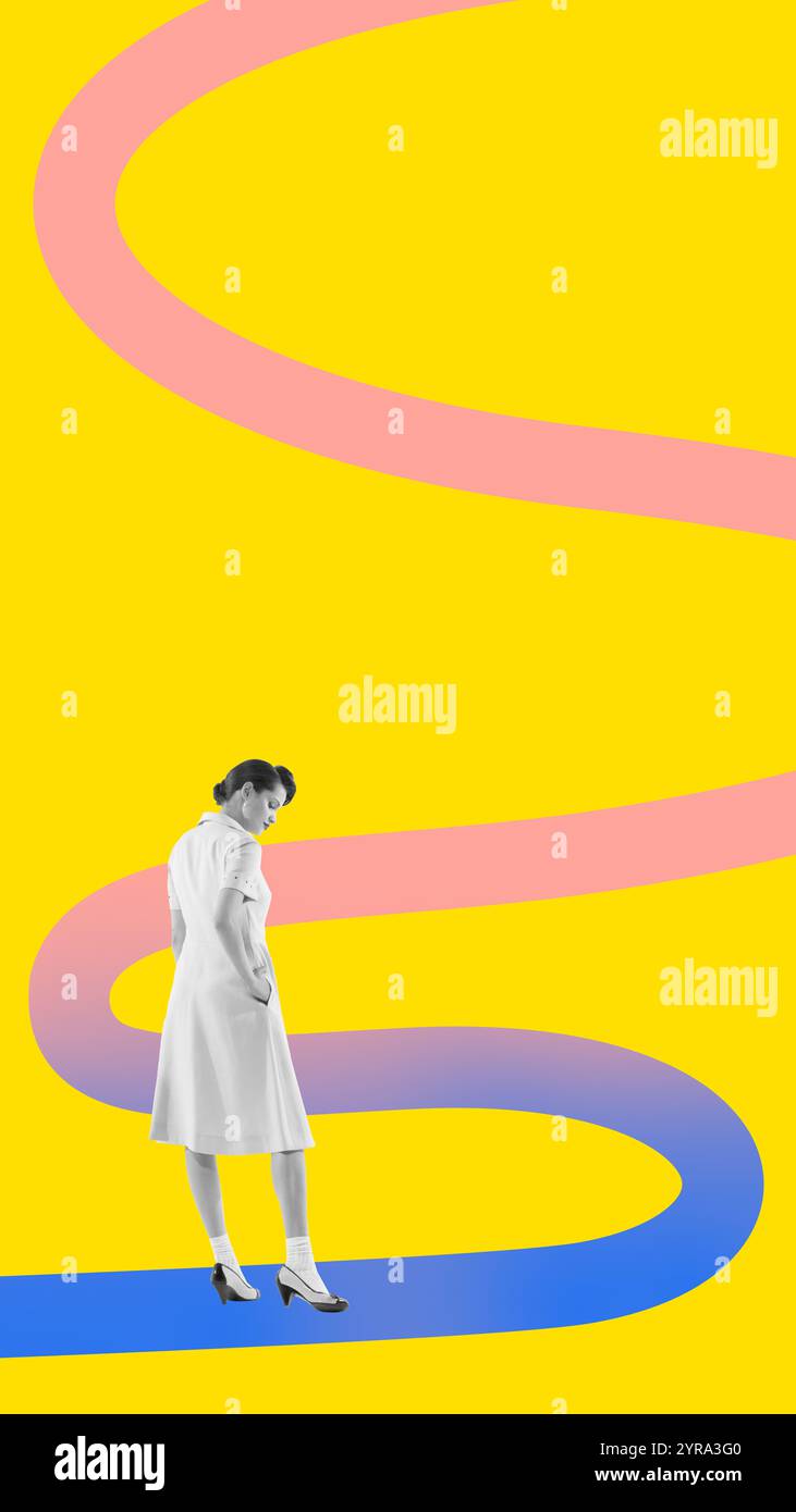 Young woman walking along colorful winding path on vibrant background ...