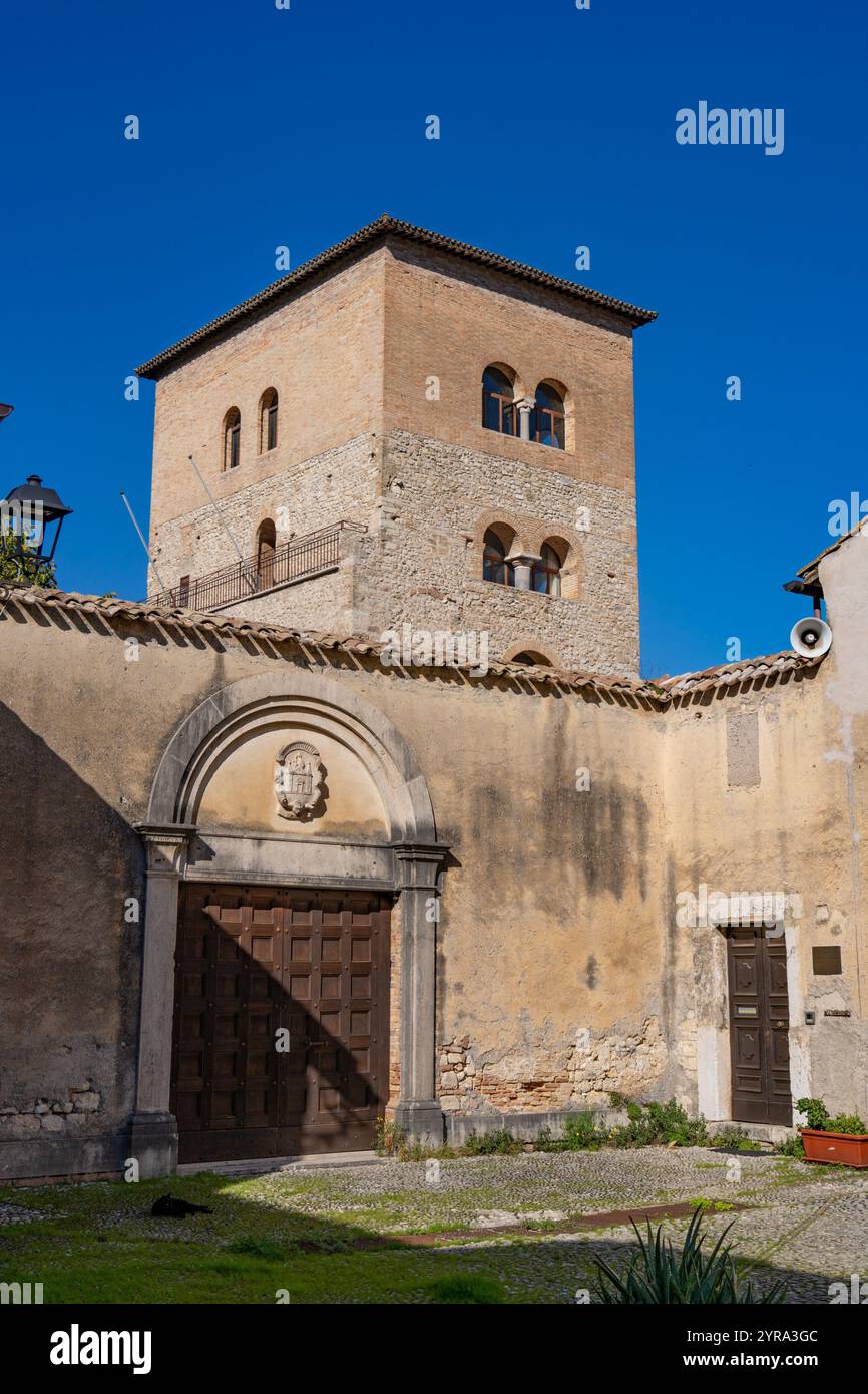 A tower at the Benedictine Abbey of Santa Maria of Farfa, Italy Stock ...