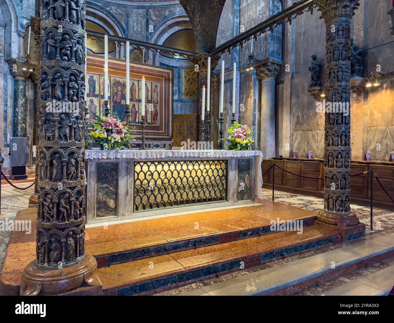 The high altar and tomb of St. Mark in the chancel of St. Mark's Basilica in Venice, Italy ...