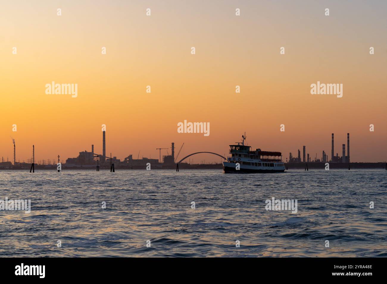 A pasenger ferry in the Giudecca Canal with the Ponte Bossi or Bossi ...