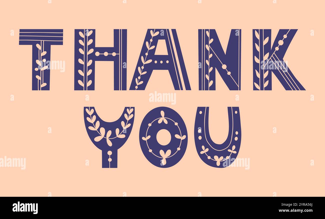 Thank You. Hand-drawn Decorative dark blue word with floral pattern ...