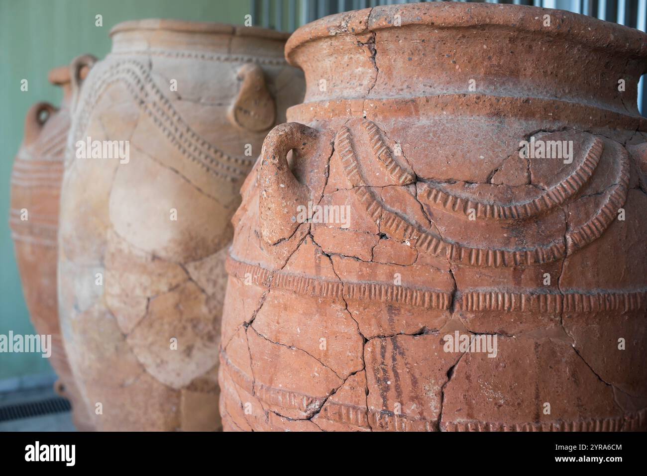Minoan urn, view of three decorated clay urns dating from the ancient ...