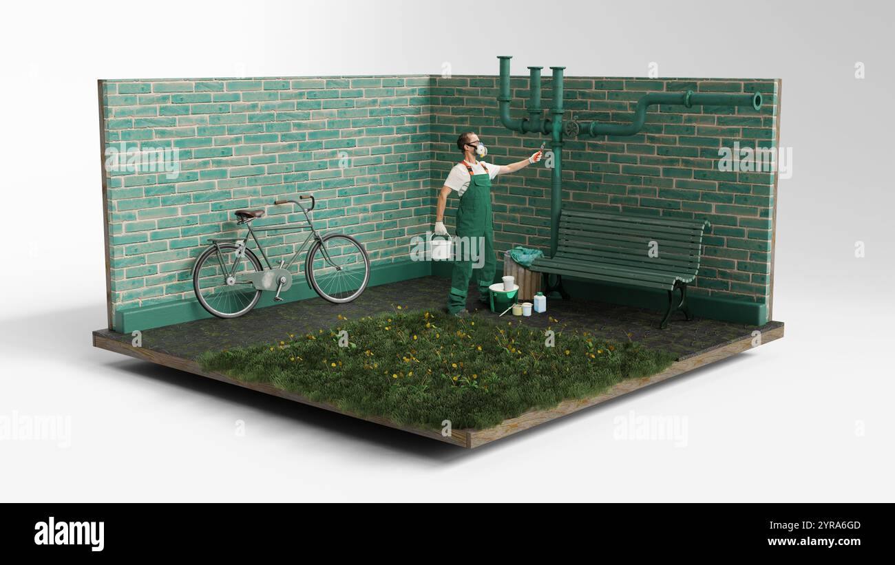 Worker in green overalls paints pipes in small courtyard. 3D model of ...