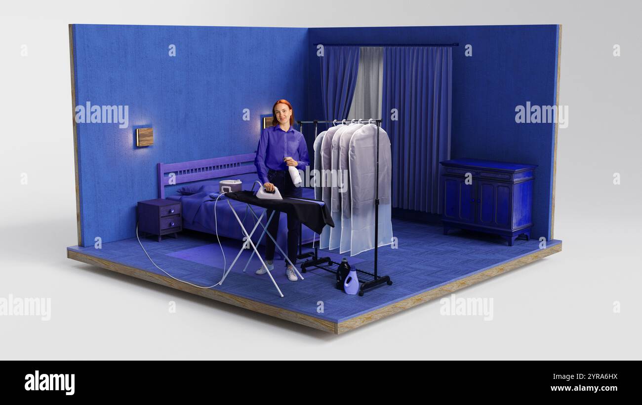 Young woman in blue-themed bedroom ironing clothes on rack. 3D model of ...