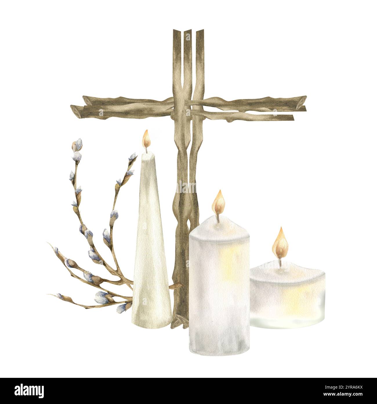 Wooden cross with white candles nd willow branches watercolor ...