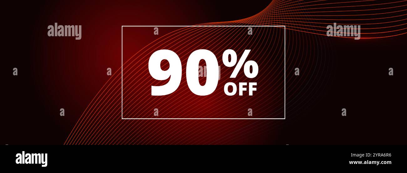 90 off sale banner. Abstract red glowing wavy lines on black wide ...