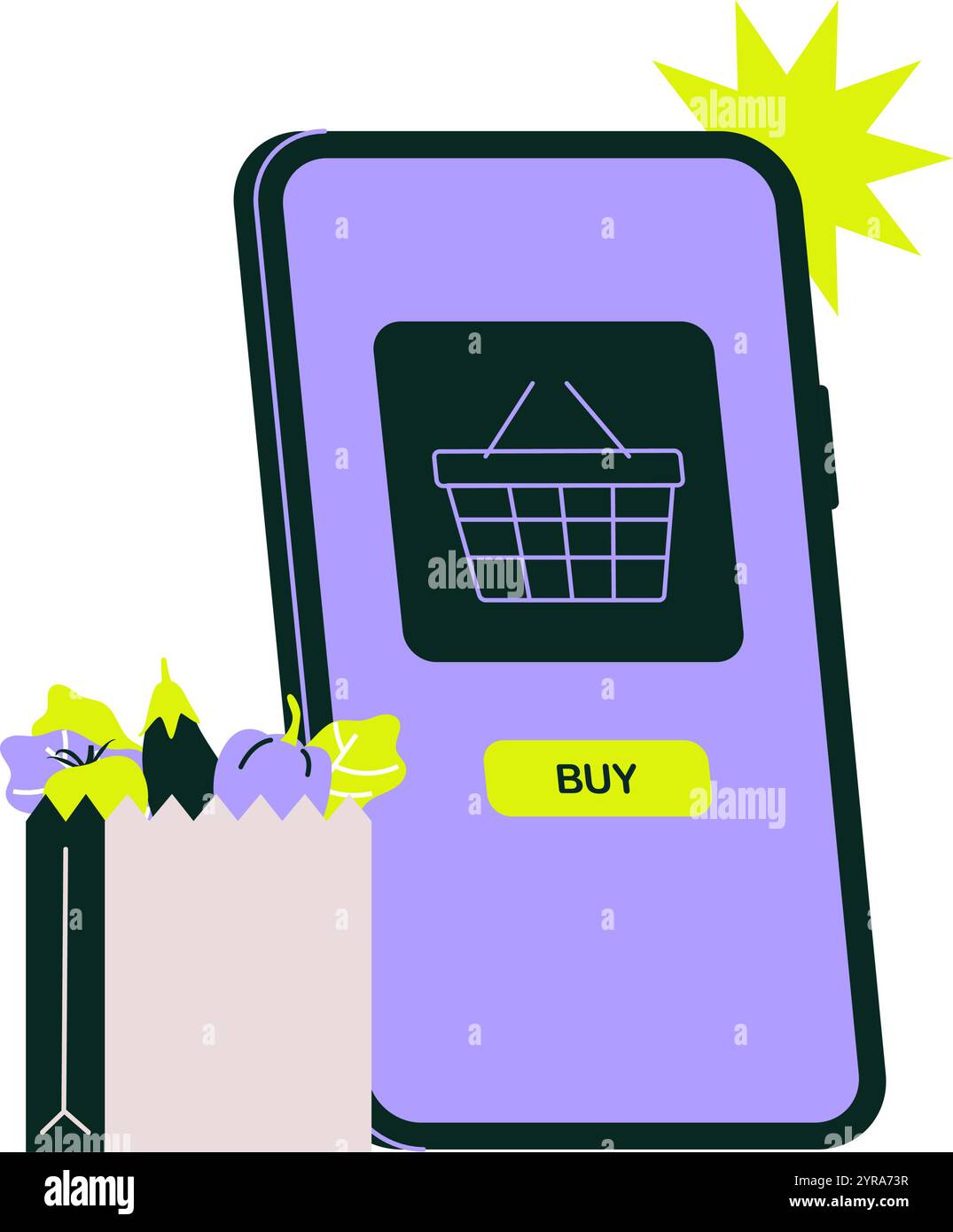 Smartphone Displaying Online Shopping App With Grocery Bag In Flat ...