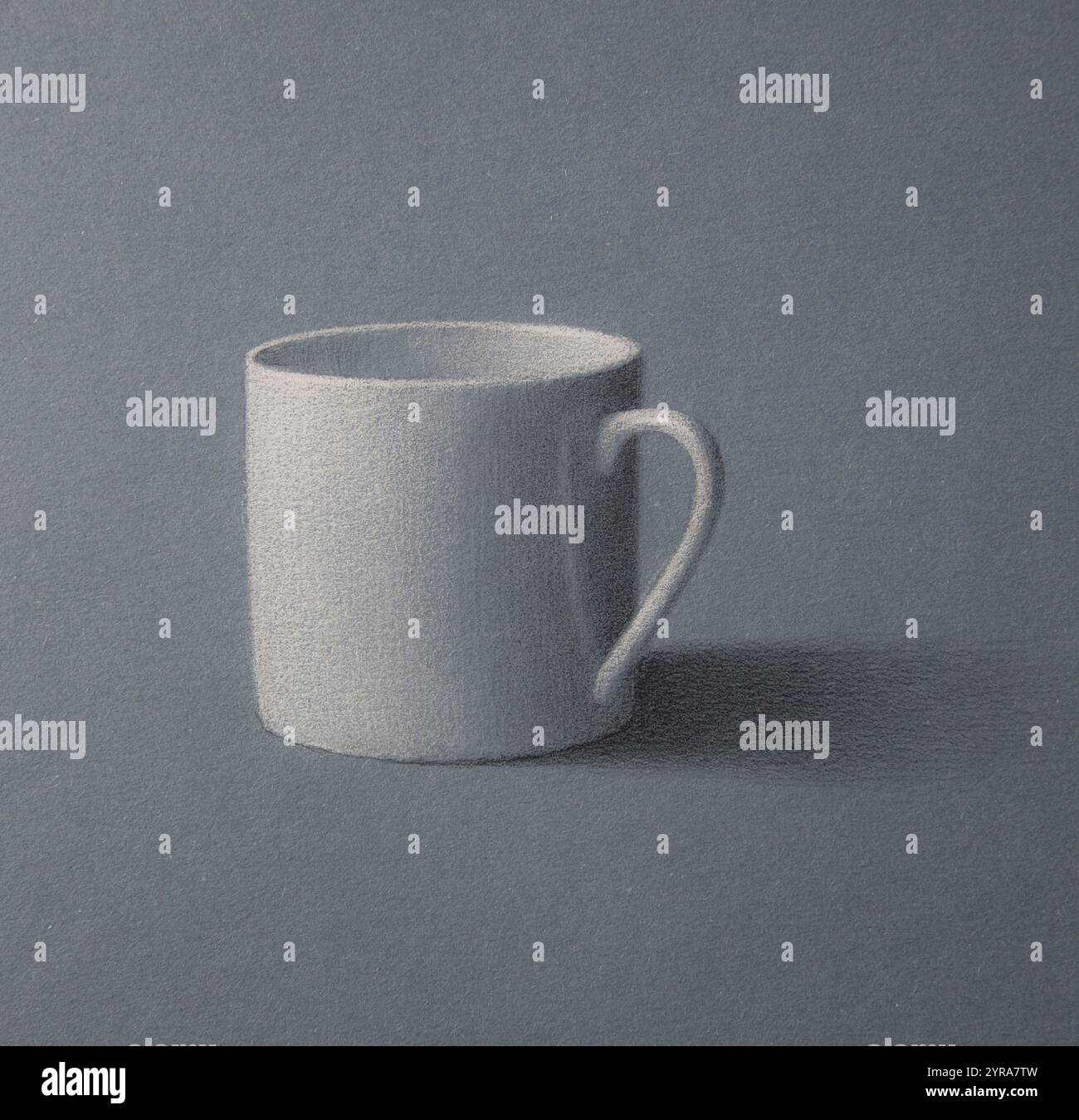 A finely detailed pencil drawing of a ceramic cup on toned paper ...