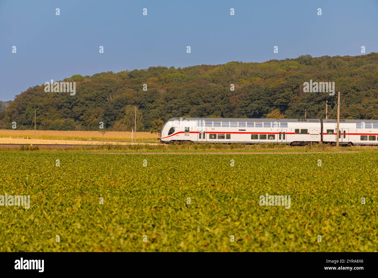 white double-decker people train across a field. High quality photo ...