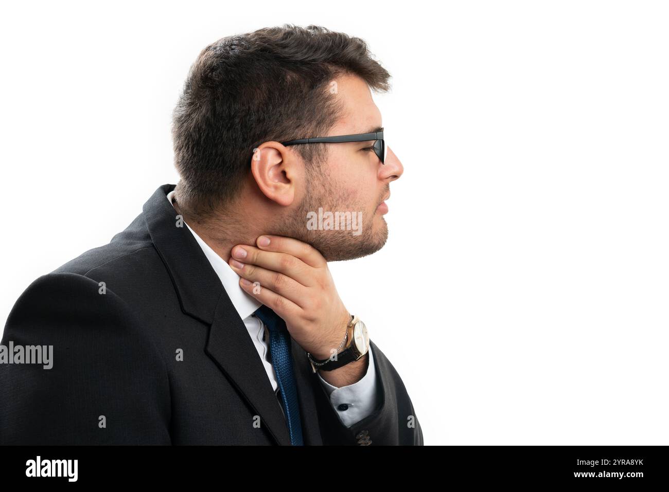Adult male entrepreneur with painful sore throat touching neck as sick ...