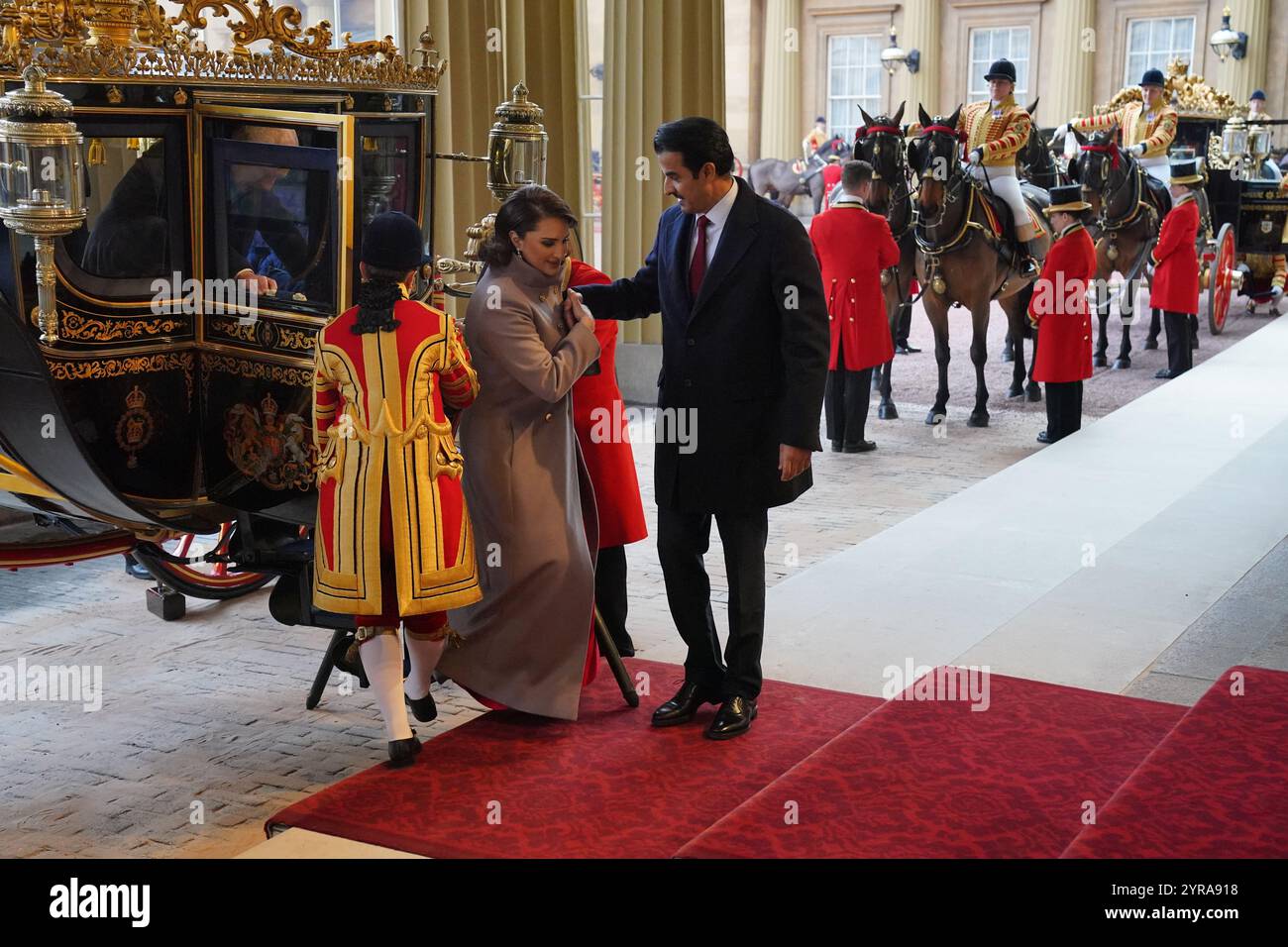 King Charles III arrives at Buckingham Palace with the Emir of Qatar ...