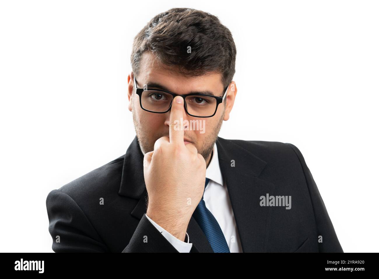 Close-up of adult corporate businessman wearing suit and glasses making ...