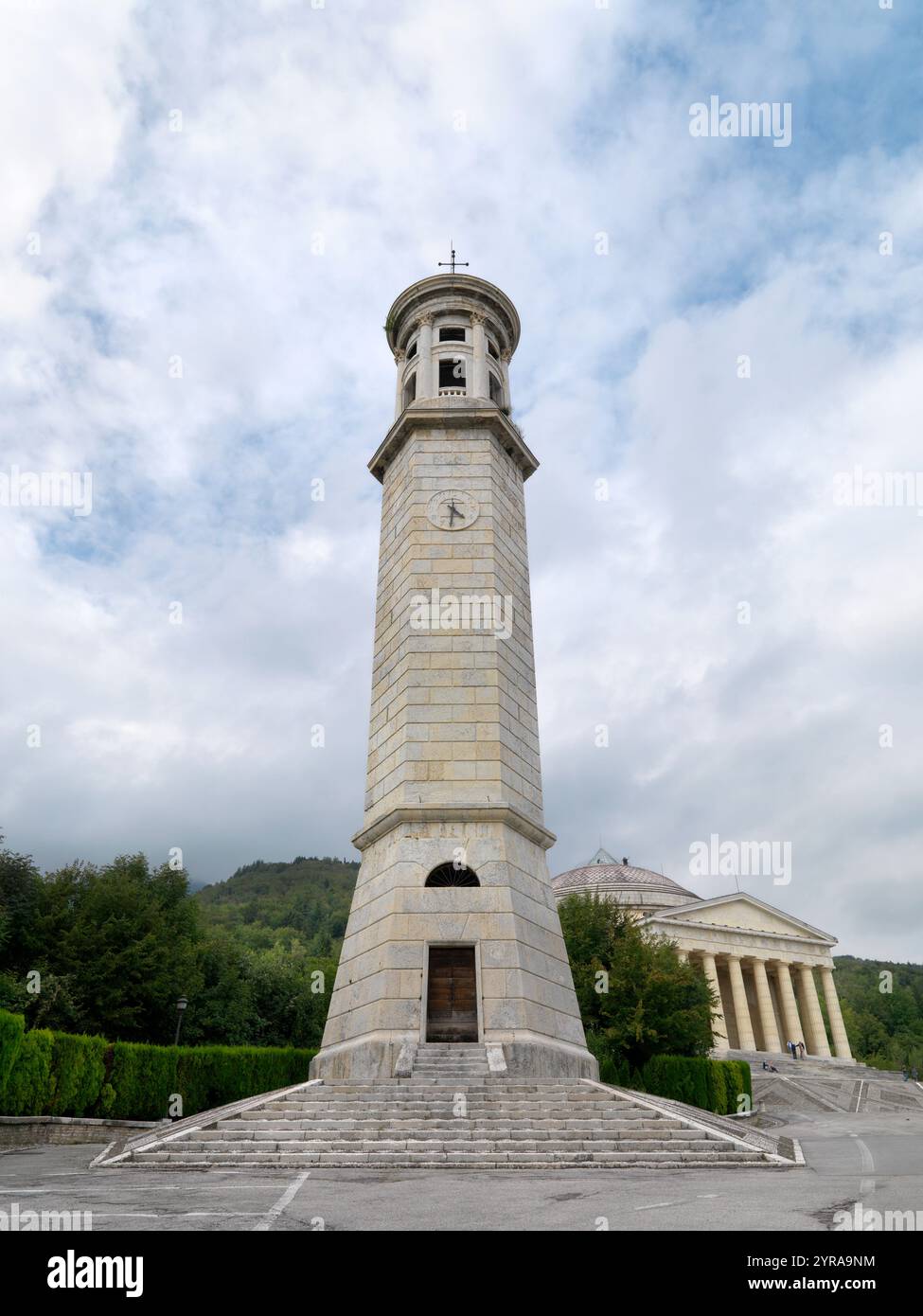 Architecture of the stone bell tower with clock, Possagno in Italy ...