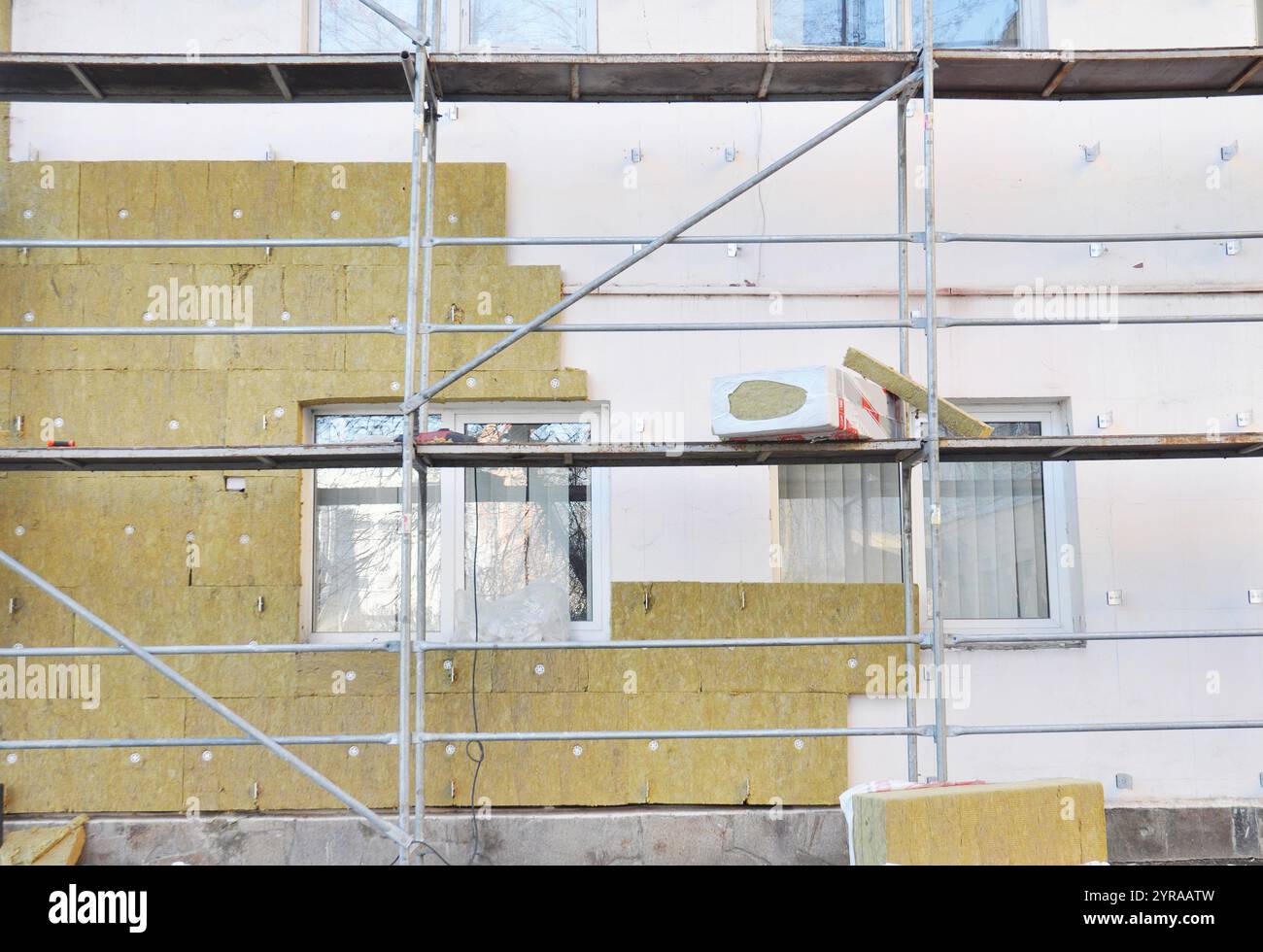 House external wall renovation with mineral wool insulation boards ...