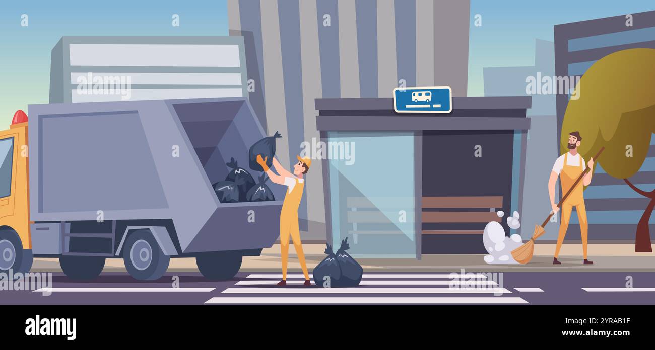 urban cleaners. outdoor city background with professional workers in ...