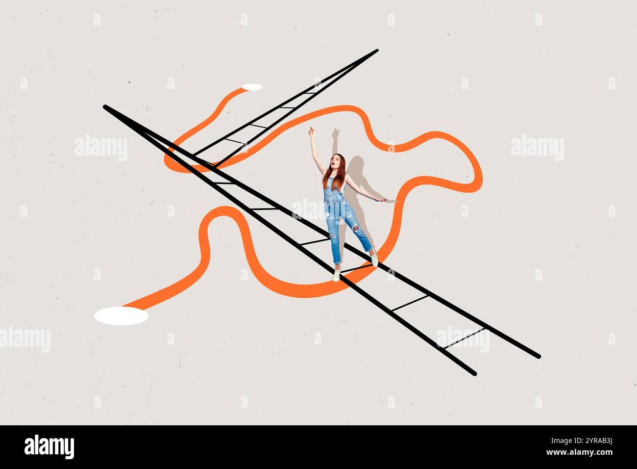 Composite photo collage of astonished girl climb career ladder ...