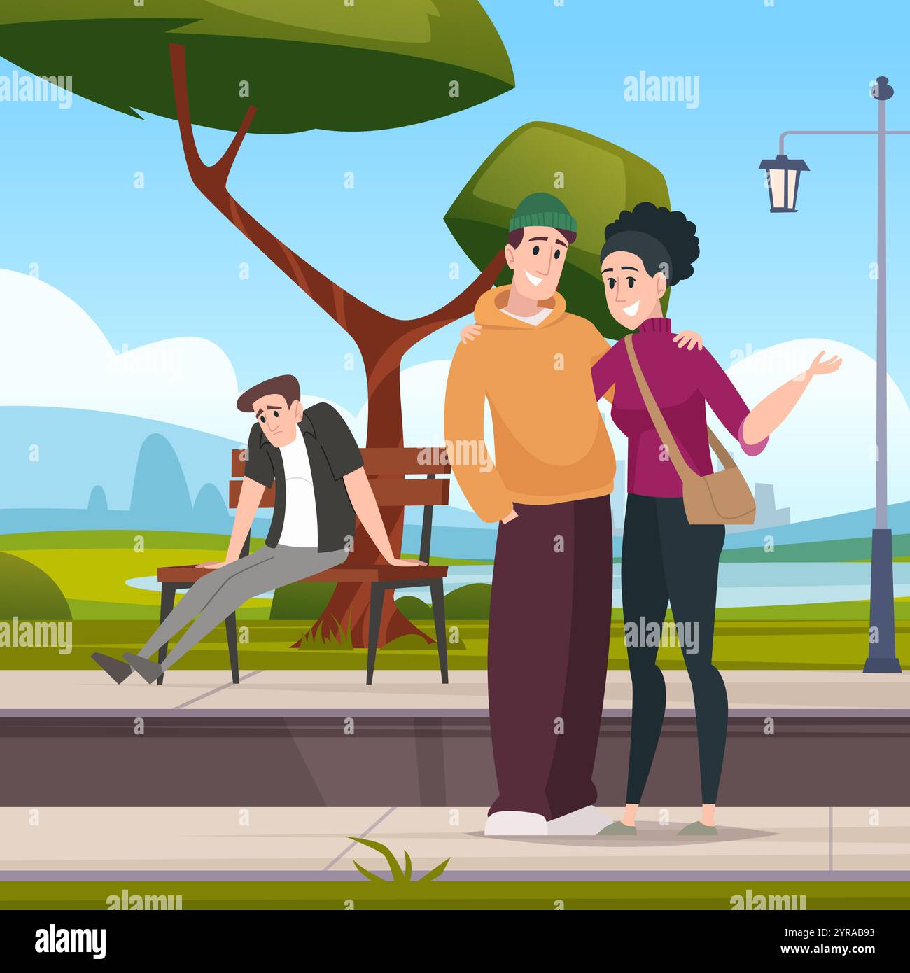 loneliness. sad man sitting in park and suffering break up girl outdoor ...