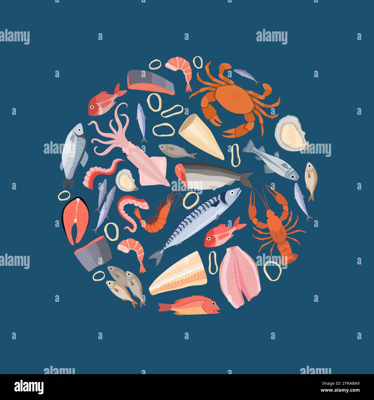 seafood background. fishes illustration in circle shape marine or ocean ...