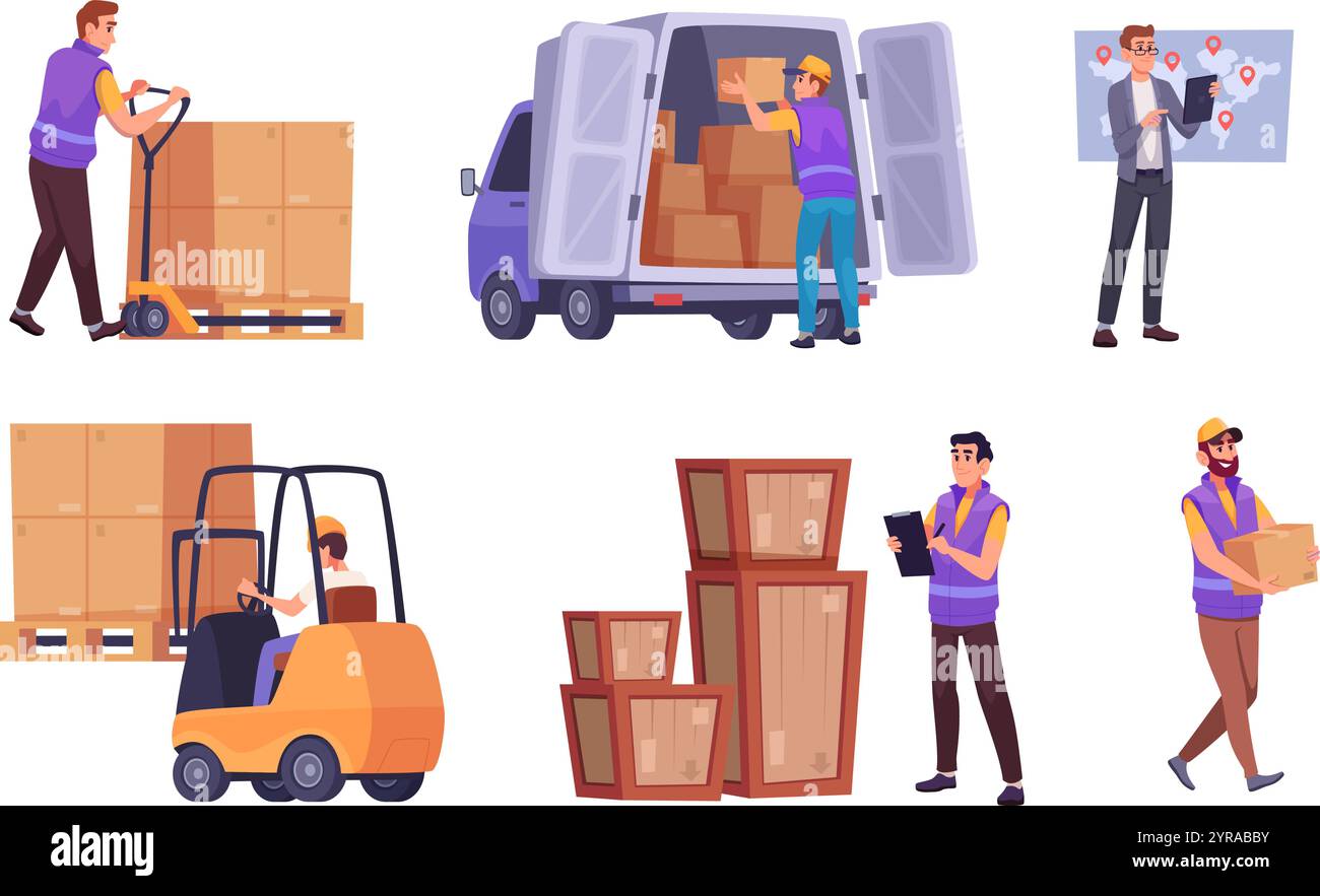 Logistic services. Warehouse workers optimizing delivery chains from ...