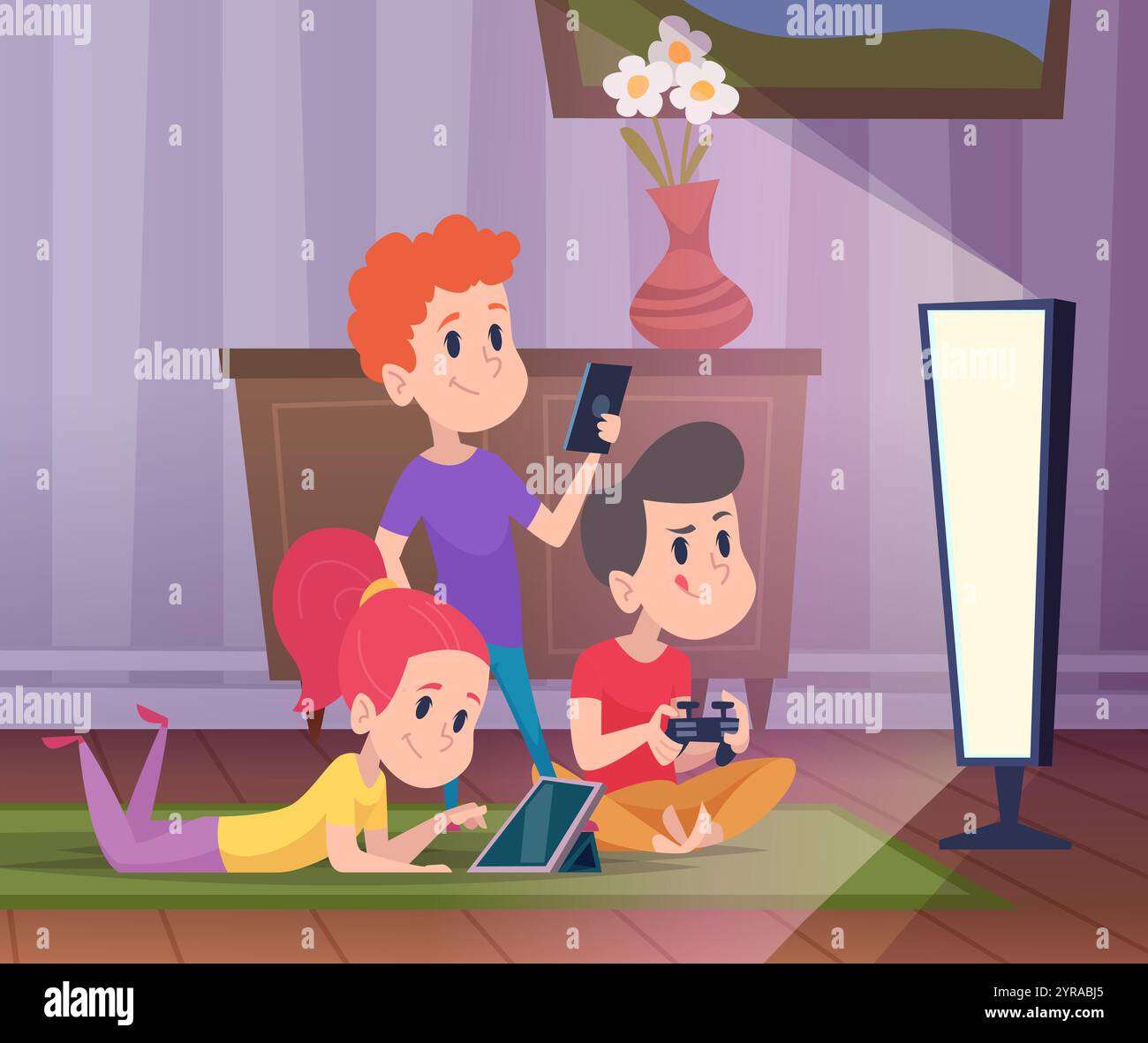 kids interior. children playing video games on gaming consoles. vector ...