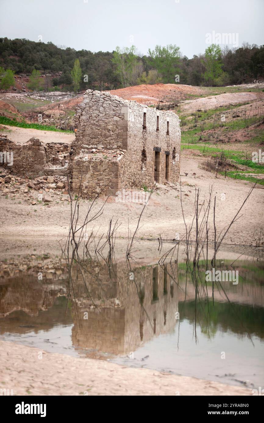 Spain, drought in Catalonia. Very low level of the Sau reservoir on ...
