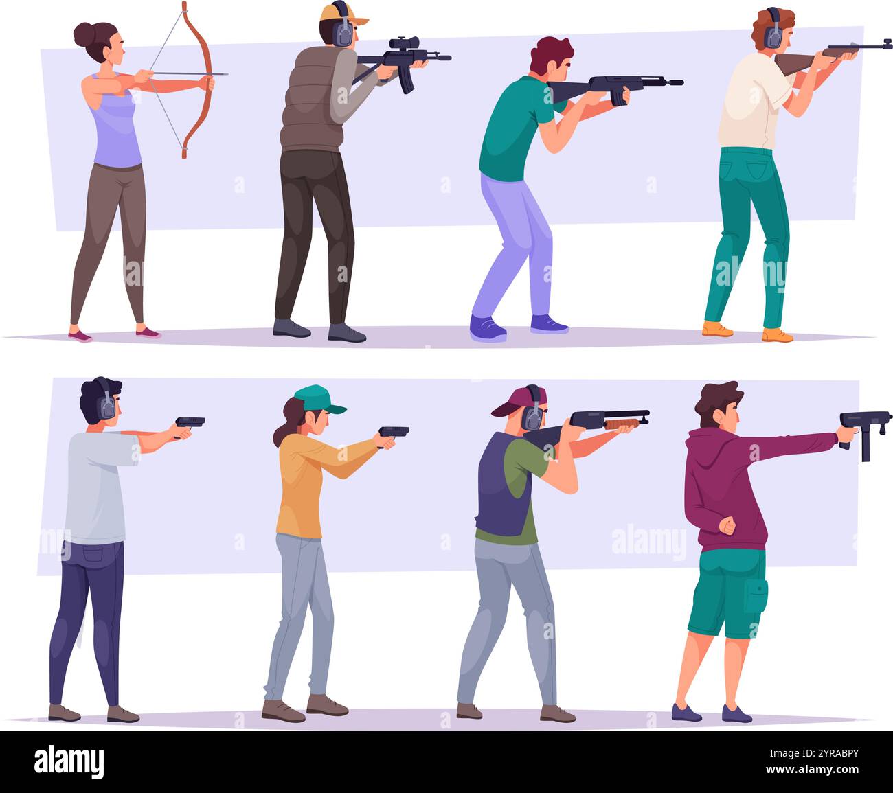 People aiming. Characters shooting with different weapons exact vector ...