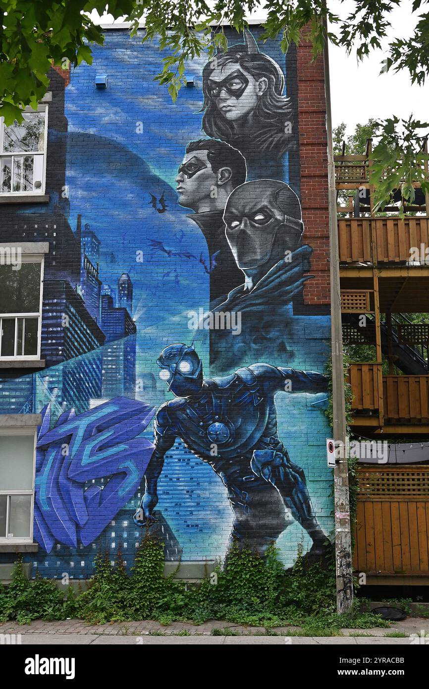 Canada, Montreal: street art. Blue mural with Marvel comics superheroes ...