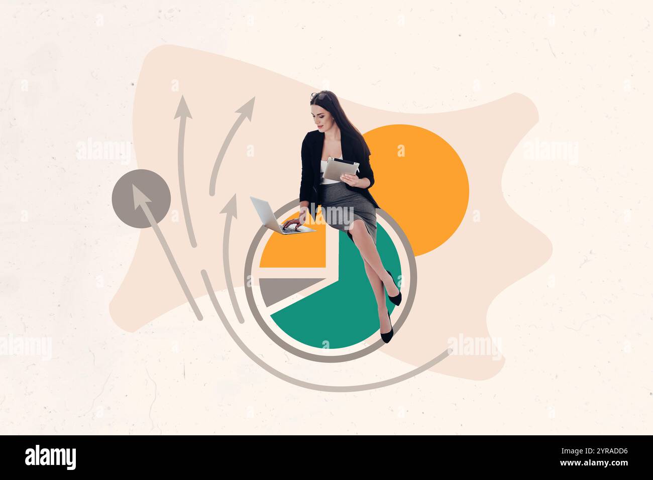 Composite photo collage of happy businesswoman type laptop sit diagram ...