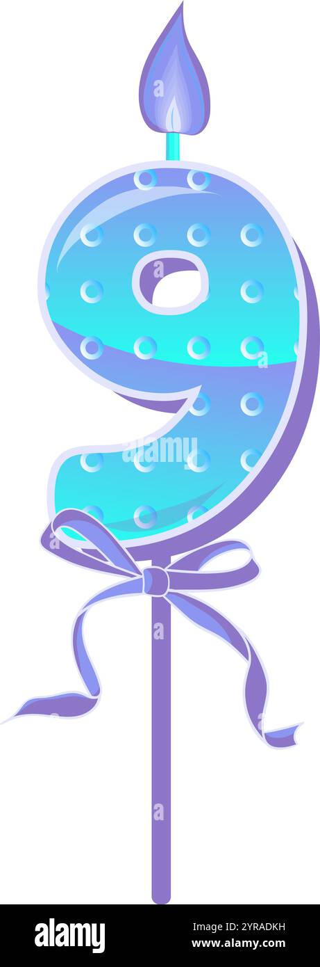 Happy Birthday cake font with blue candle. nine year, symbol of number ...